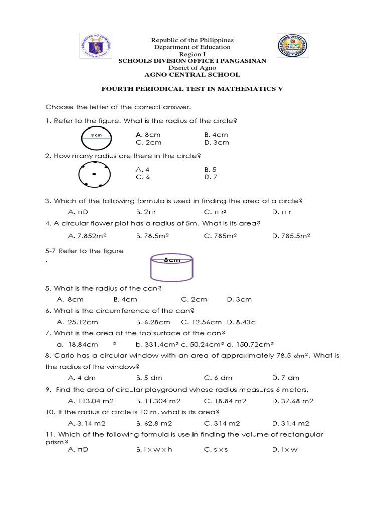4TH Quarter Exam - Math | PDF | Area | Volume