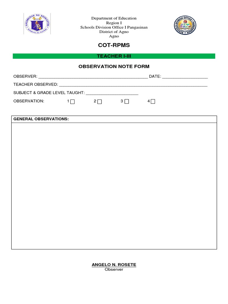 Classroom Observation Notes Template | PDF