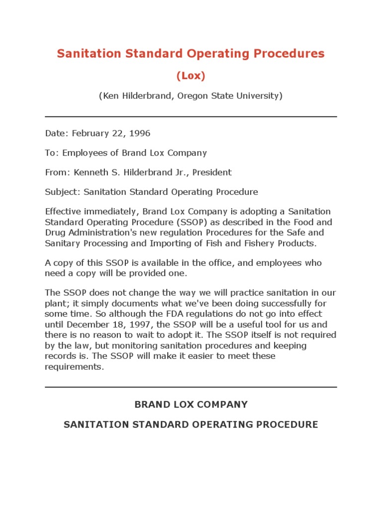 Sanitation Standard Operating Procedures Lox | Sanitation | Food And ...