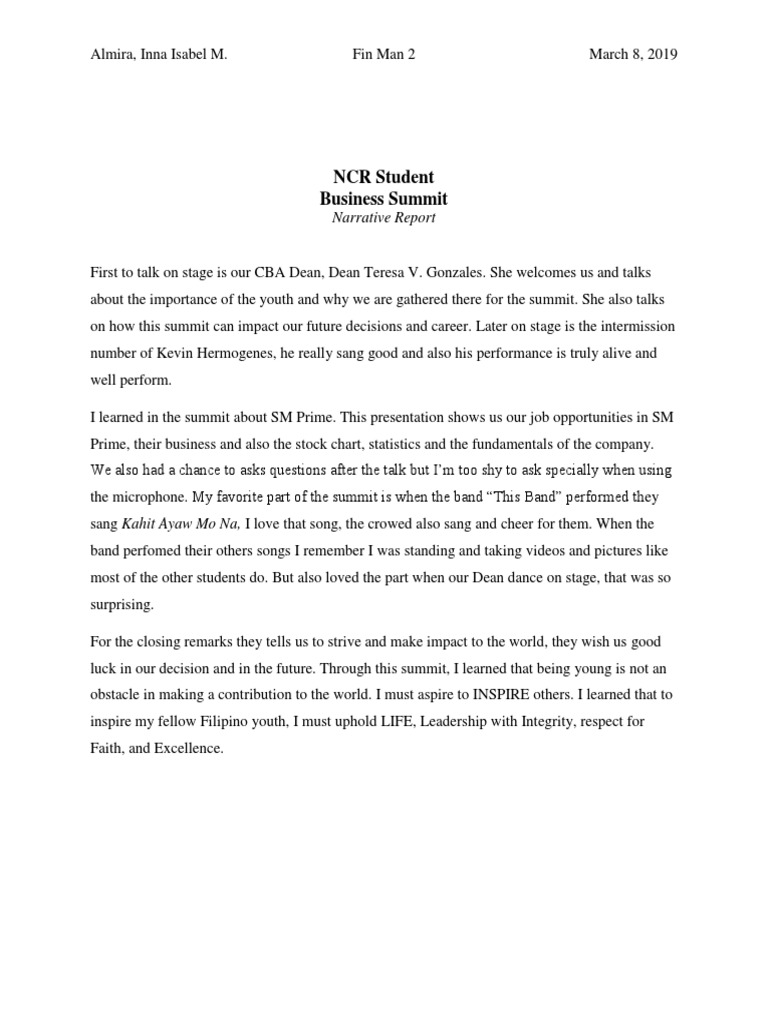 NCR Student Business Summit: Narrative Report | PDF