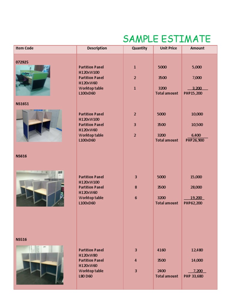 Sample Estimate: Item Code Description Quantity Unit Price Amount | PDF ...