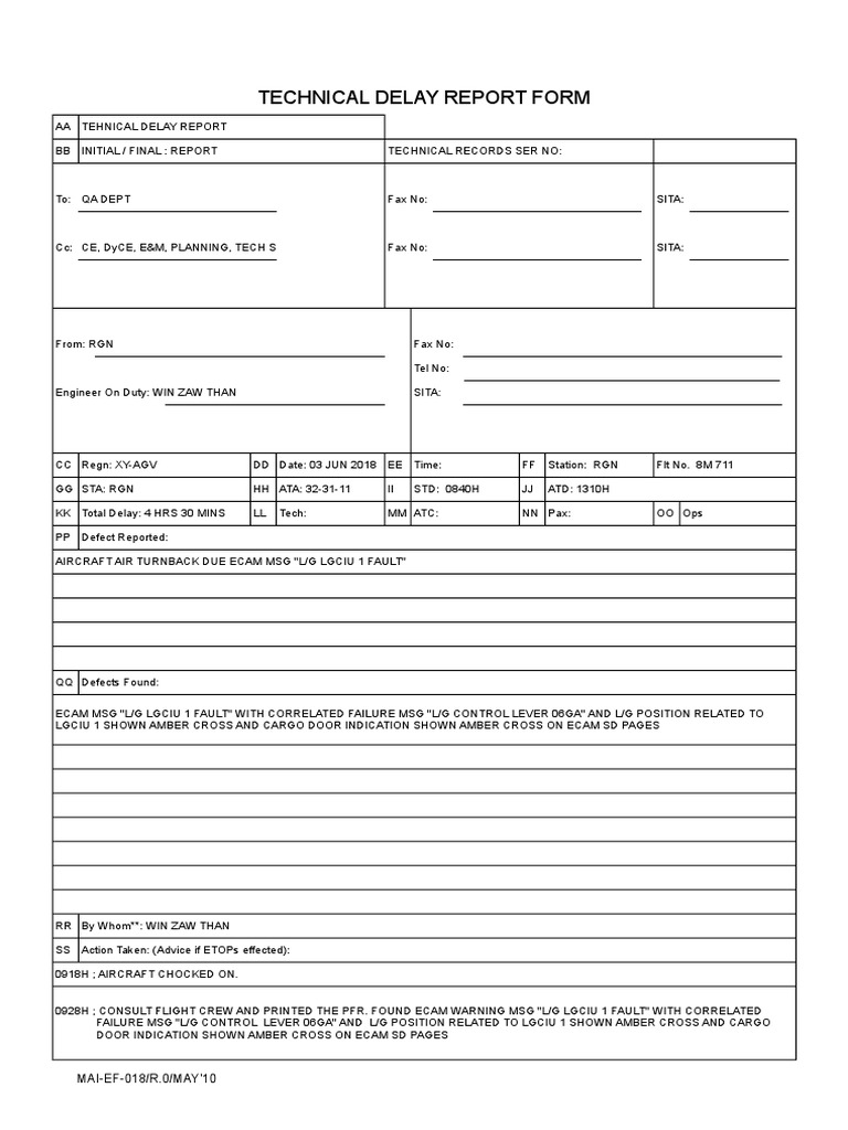 Technical Delay Report Form: MAI-EF-018/R.0/MAY'10 | PDF | Aviation ...