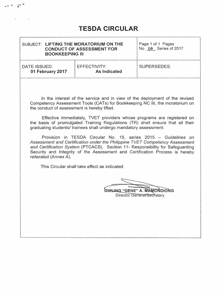 Tesda Circular 003-2017 | PDF | Certification | Vocational Education