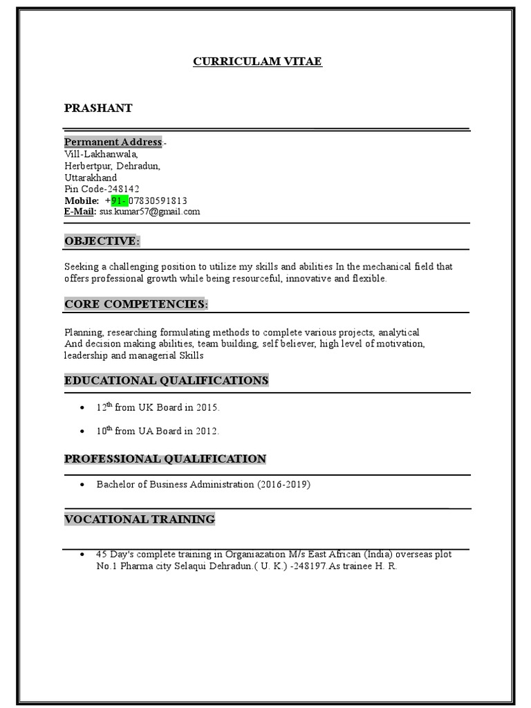 Curriculam Vitae: Permanent Address | PDF