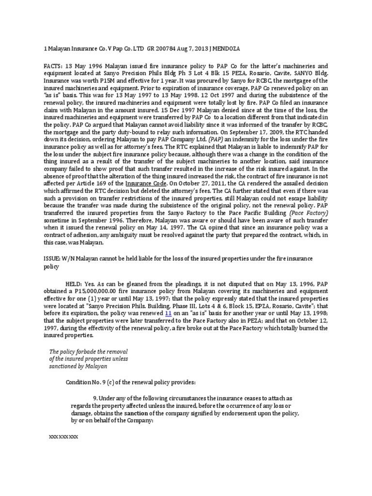 Malayan Insurance Co. V Pap Co. LTD | PDF | Insurance Policy | Insurance