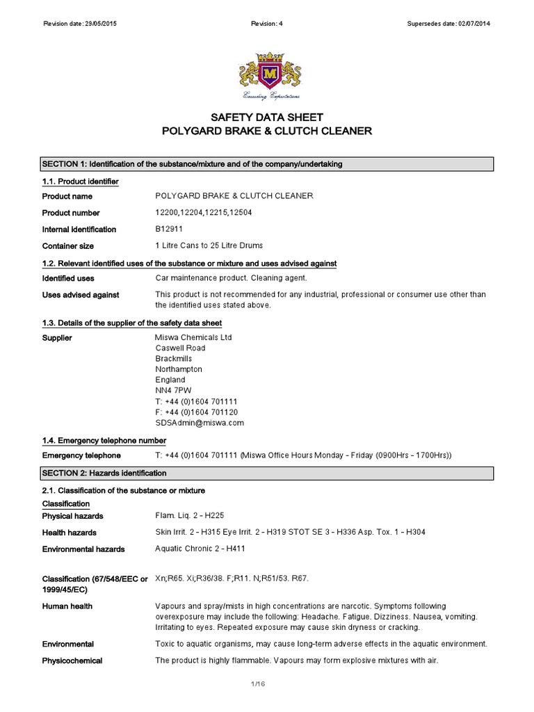 Polygard Brake & Clutch Cleaner SDS | PDF | Toxicity | Polyvinyl Chloride