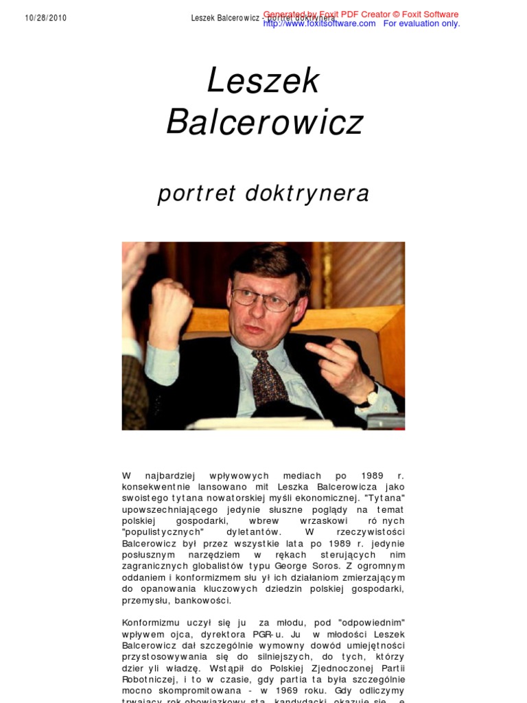 Leszek Balcerowicz - Portret Doktrynera | PDF