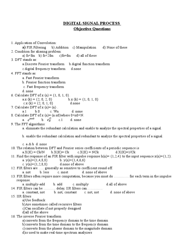 Dsp Objective Questions Pdf Discrete Fourier Transform Filter Signal Processing 8206