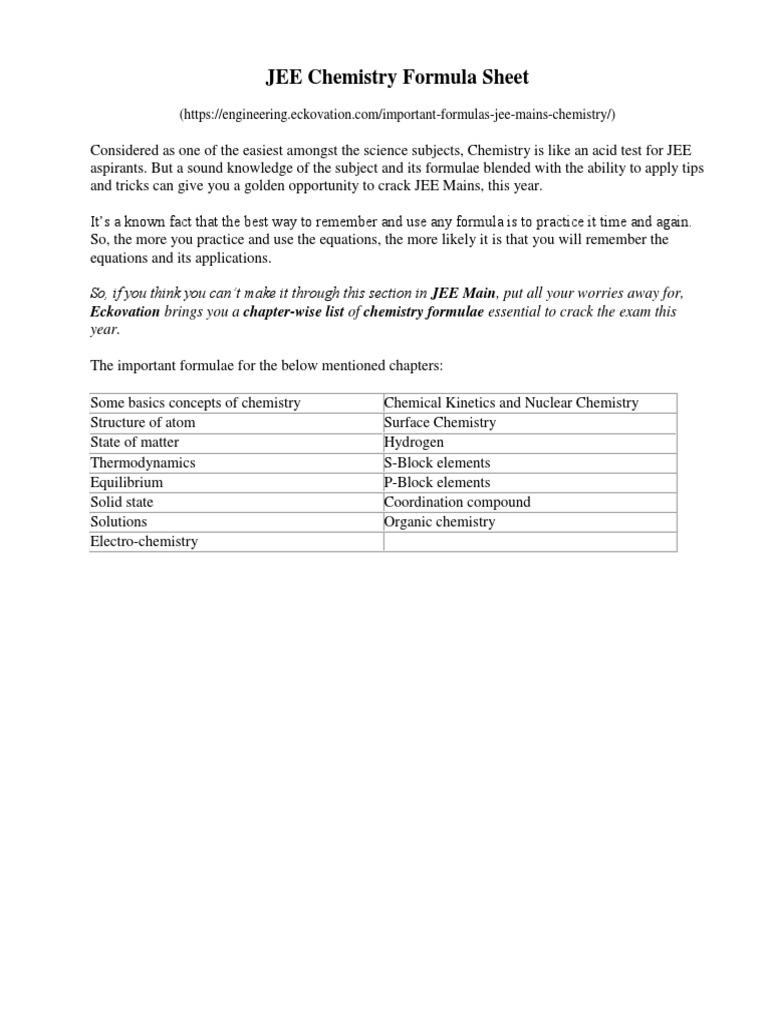 JEE Chemistry Formula Sheet | PDF