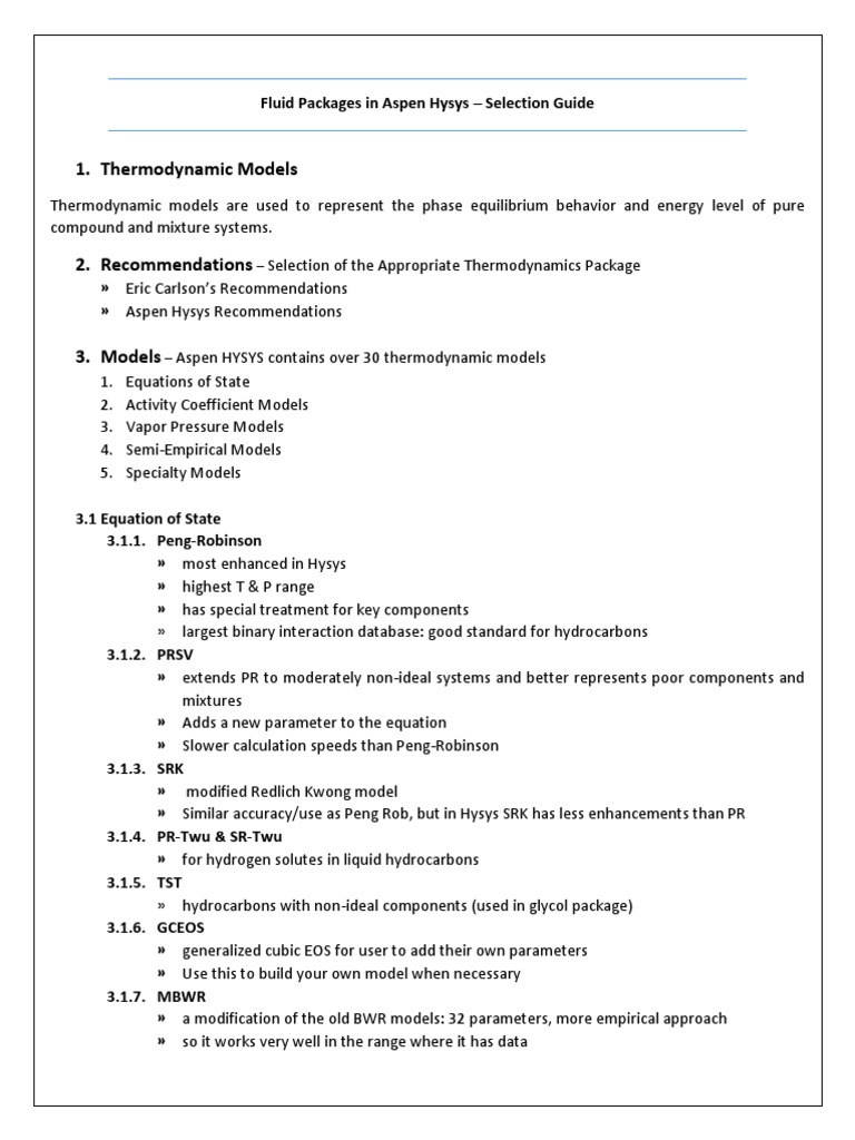 Aspen HYSYS Fluid Package Selection Guide | PDF | Chemical Process ...