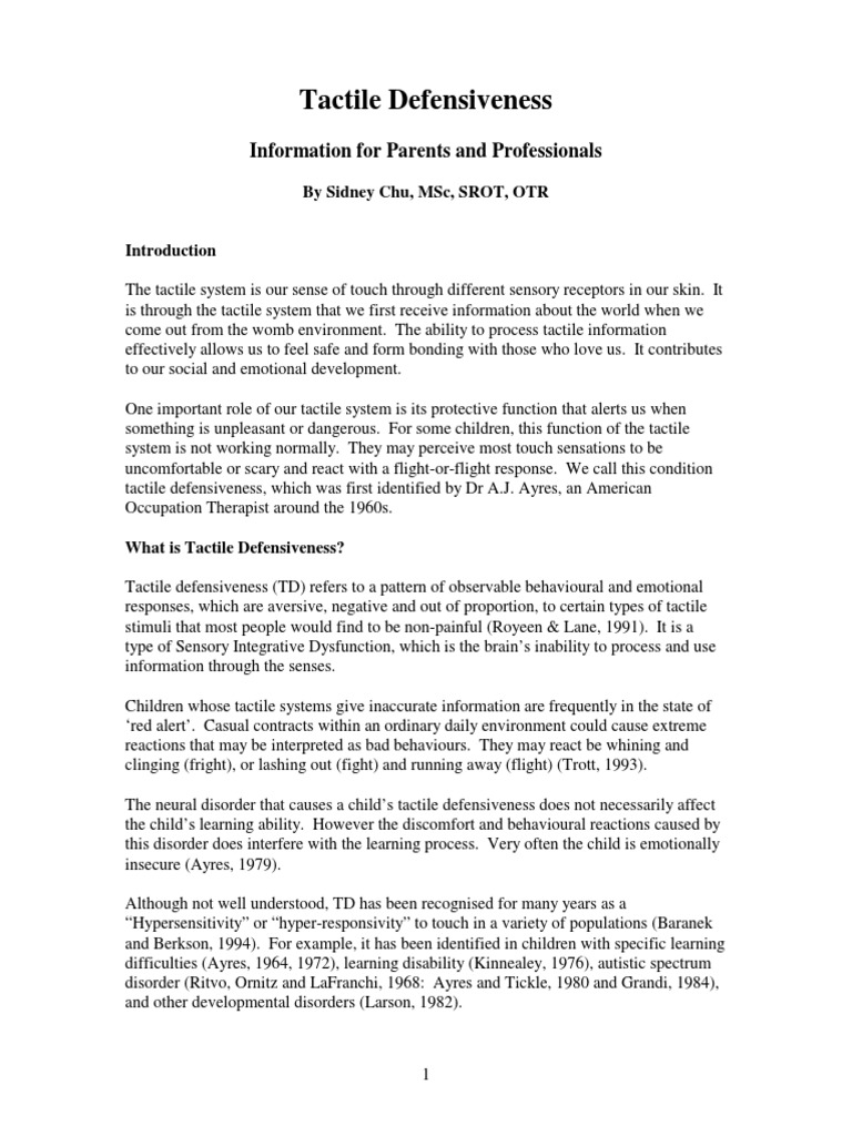 Tactile Defensiveness PDF | PDF | Sensory Processing Disorder ...