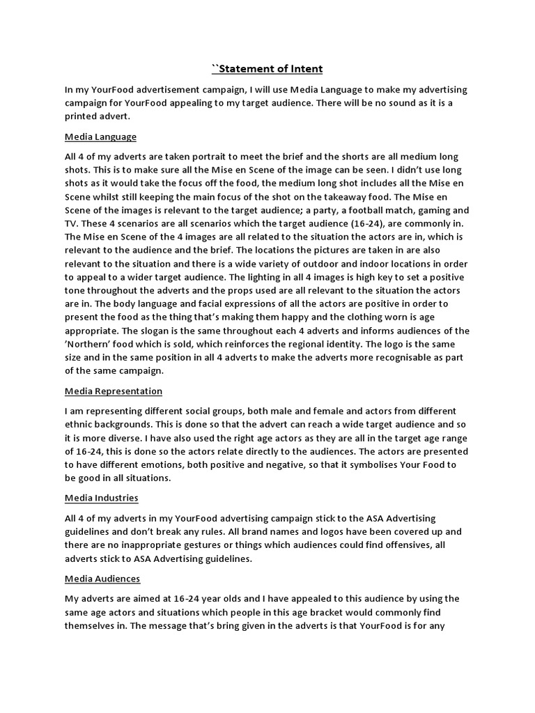 Statement of Intent | PDF | Advertising | Target Audience