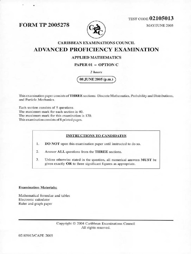 CAPE Applied Mathematics Past Papers 2005P1C PDF | PDF | Force | Mass