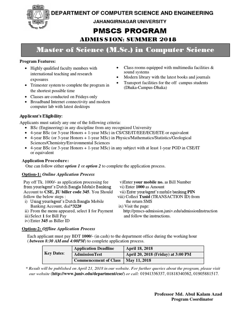 5443 PMSCS Program Admission Circular Summer 2018 36fd0a | PDF | Master Of Science | Bachelor Of ...