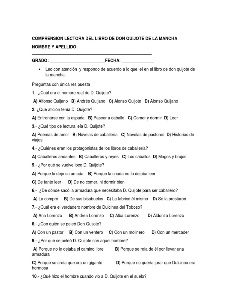 Comprension Lectora de Don Quijote de La Mancha 2019 | PDF | Don Quijote