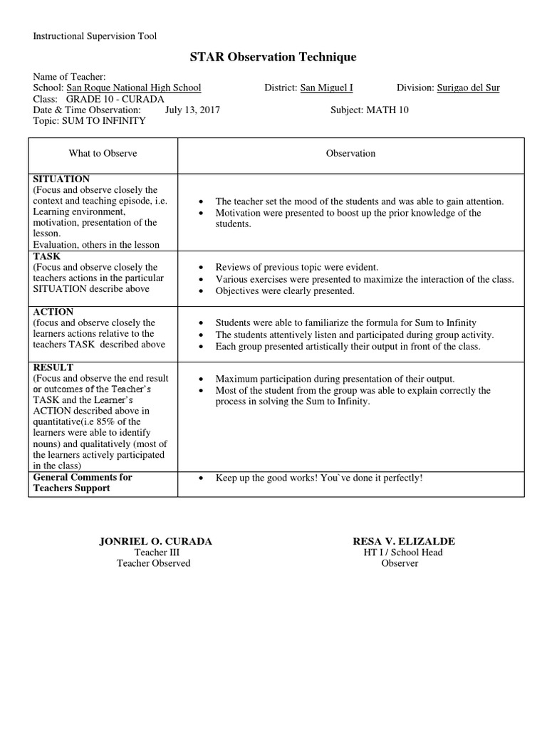 STAR Observation Report for Teachers | PDF | Attention | Teachers