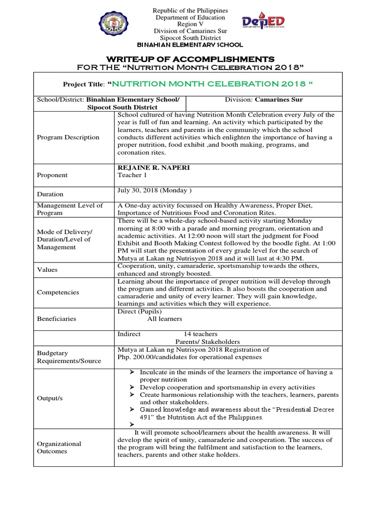 Write Up of Accomp. Nutrition Month 2018 | PDF | Psychological Concepts | Behavior Modification