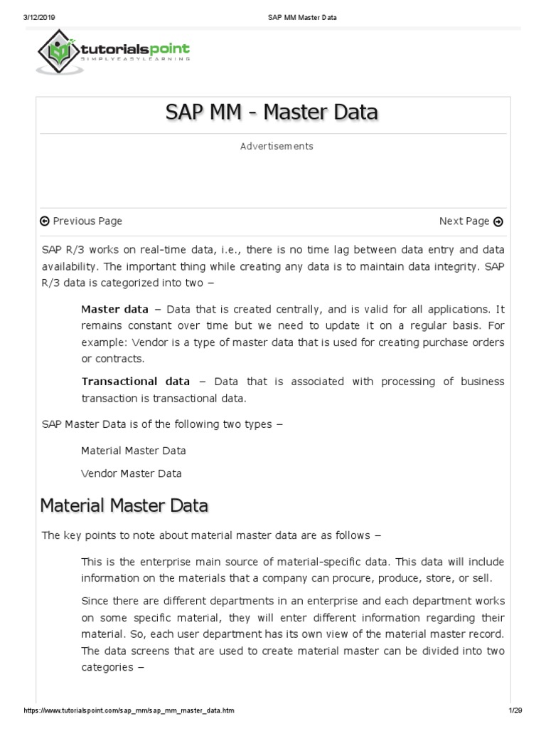 SAP MM Master Data.pdf | Sap Se | Engineering Tolerance | Free 30-day ...