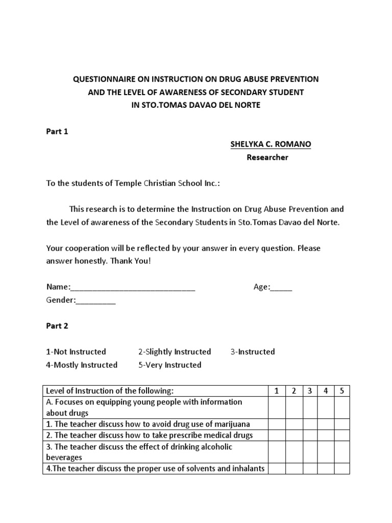 QUESTIONNAIRE For Students | PDF | Substance Abuse | Alcoholism