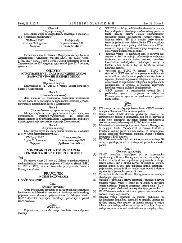 Pravilnik o CEMT Dozvolama | PDF