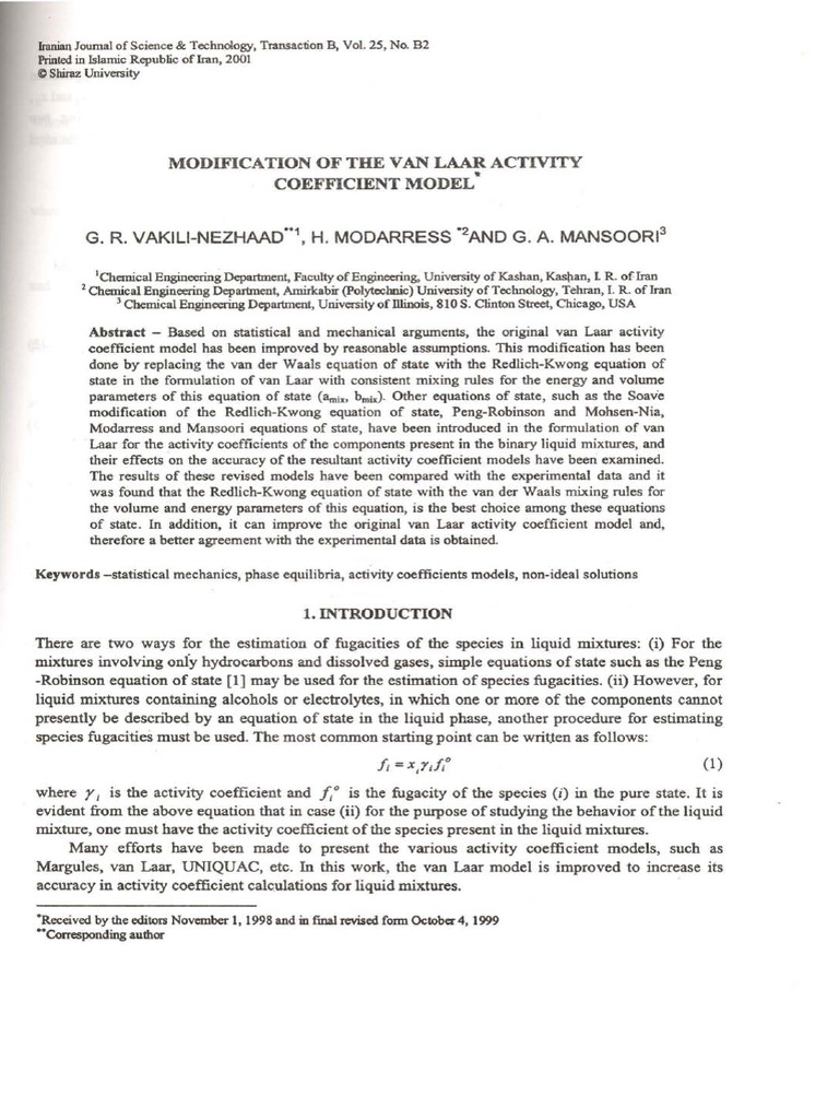 01.modification of Van Laar Activity Coeff - Model PDF | PDF | Phases ...