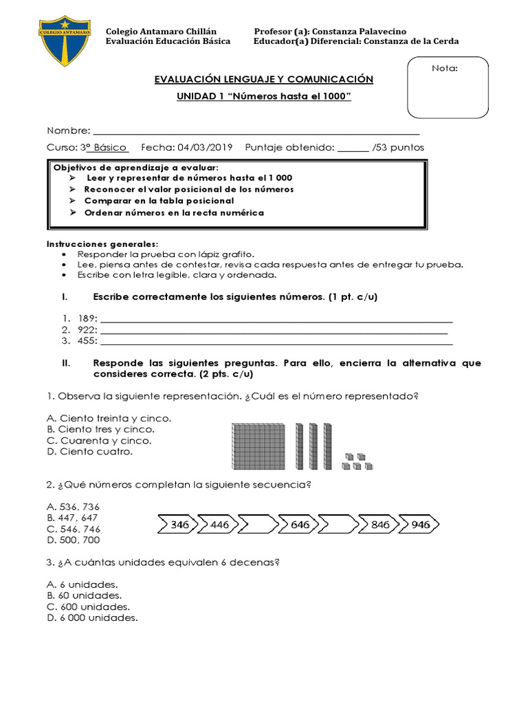 Prueba Matematica 3° Básico Numeros Hasta El 1000 | PDF | Infografia ...