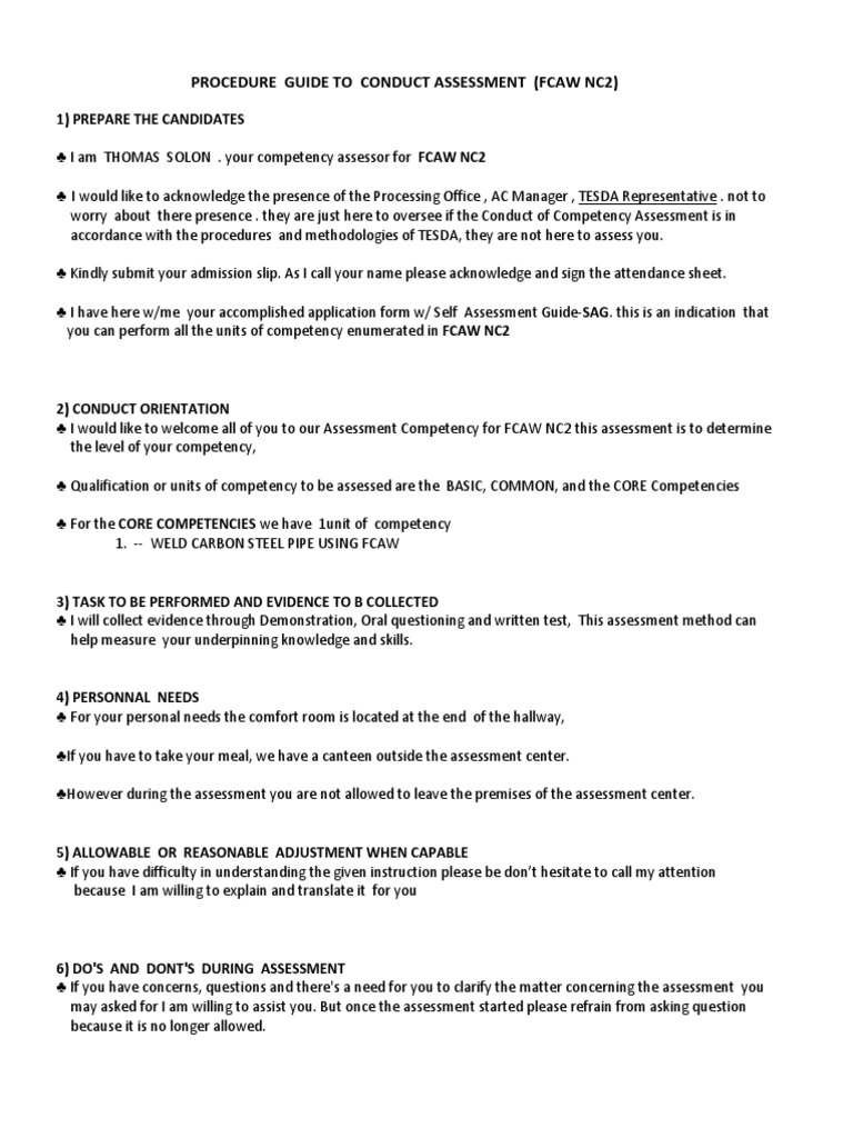 FCAW NC2 Assessment Procedure Guide | PDF | Cognition | Business