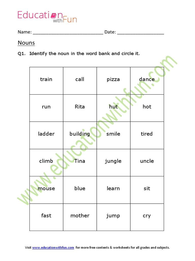 Noun Identification Worksheet for Kids | PDF