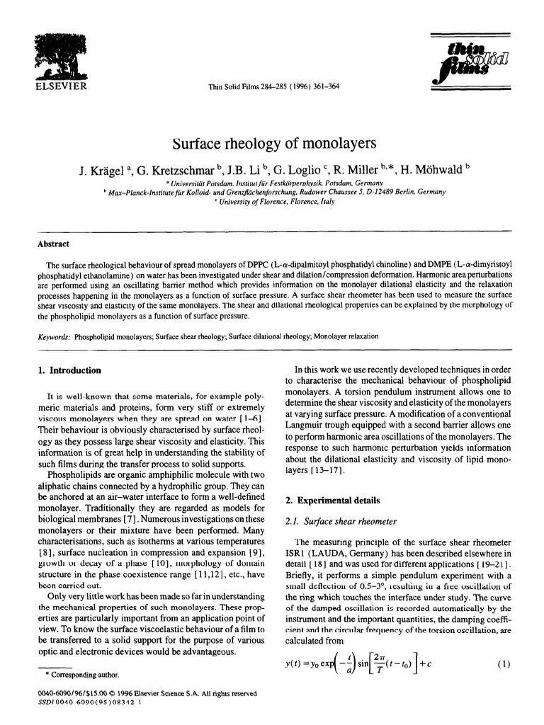 Surface Rheology of Phospholipid Monolayers | PDF | Rheology | Monolayer