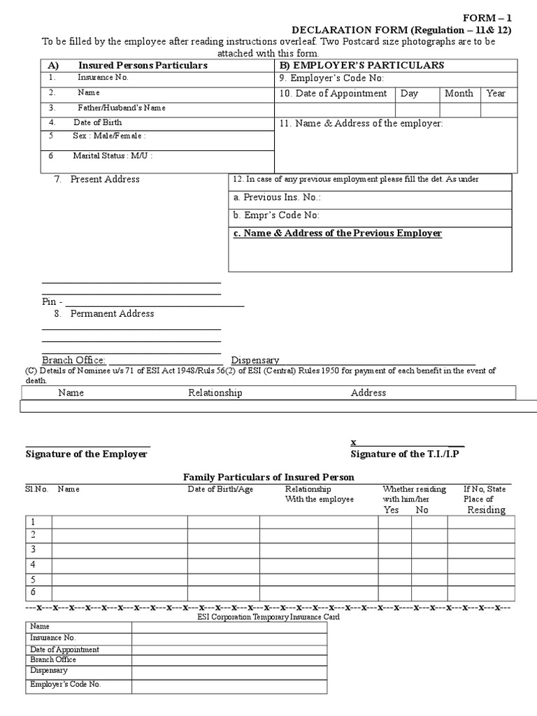 ESI Form 1: Employee Declaration | PDF | Government | Social Institutions
