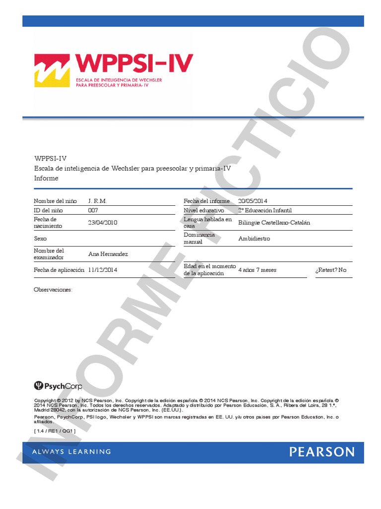Informe ficticio-WPPSI IV Q Global PDF | PDF