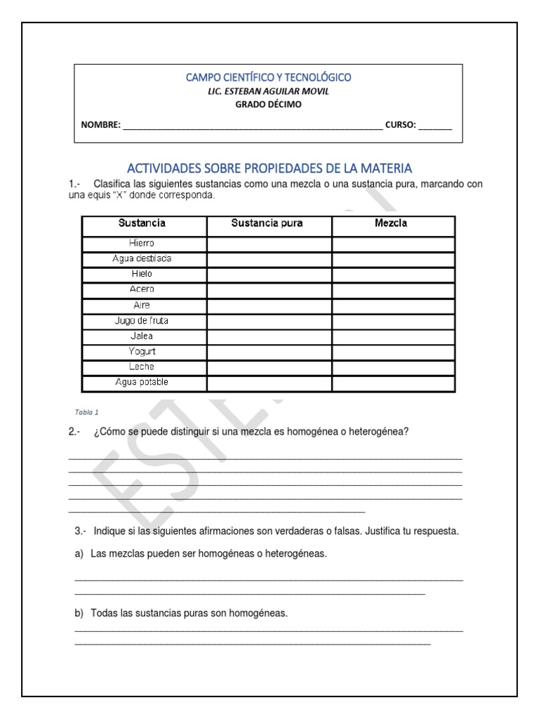 Hoja De Trabajo Sobre Las Propiedades De La Materia En La Escuela ...