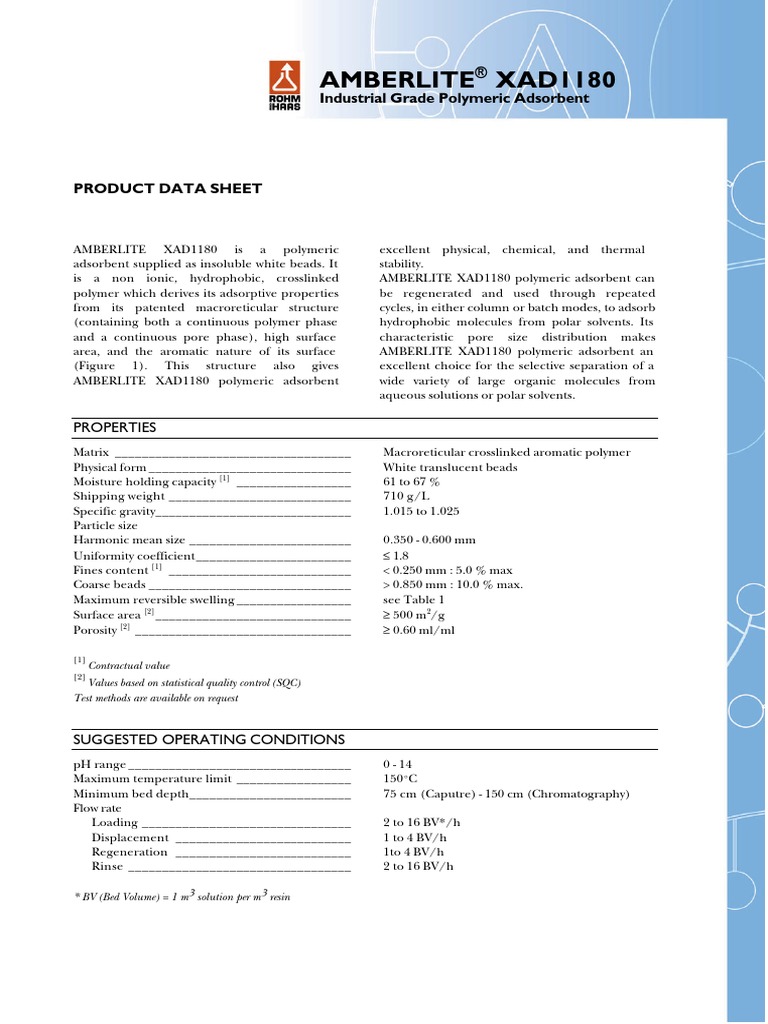 Amberlite XAD1180: Industrial Grade Polymeric Adsorbent | PDF ...