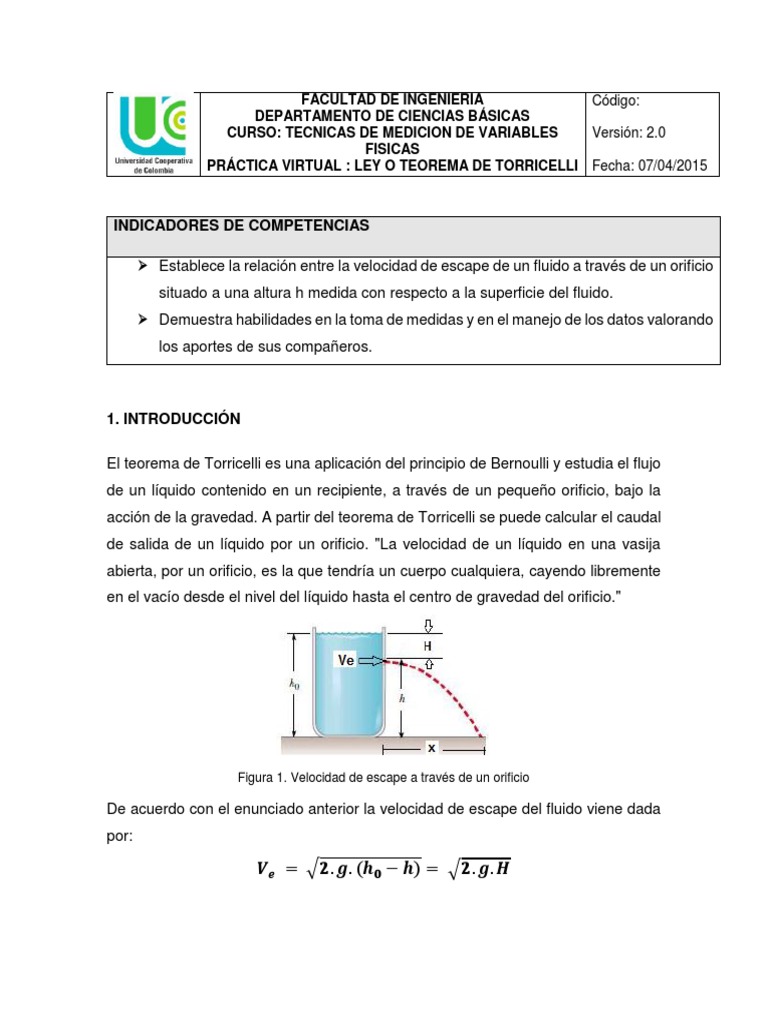 Practica Virtual - Ley o Teorema de Torricelli | PDF | Velocidad | Líquidos