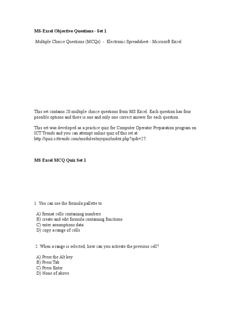 MS Excel MCQ Quiz | Spreadsheet | Multiple Choice | Free 30-day Trial ...