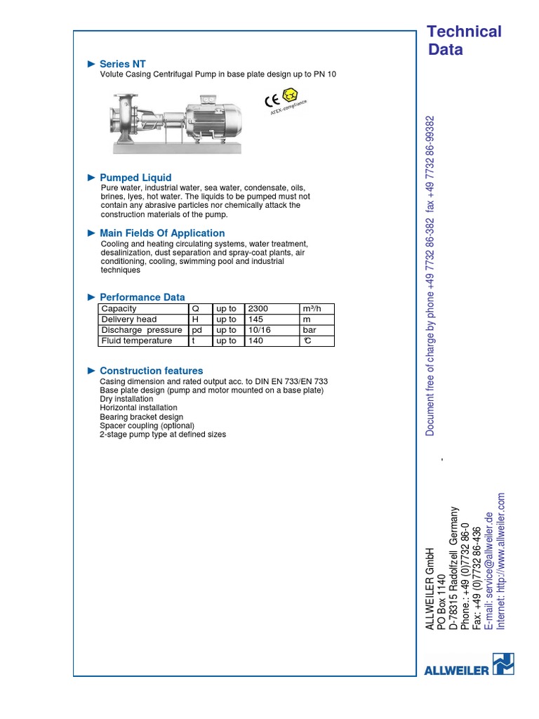Technical Specifications and Performance Data for Allweiler Series NT ...