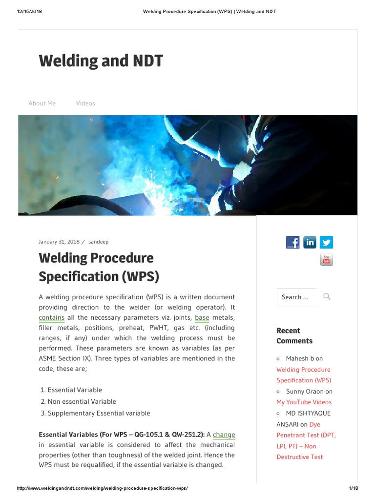 Welding Procedure Specification (WPS) - Welding and NDT | PDF | Welding ...