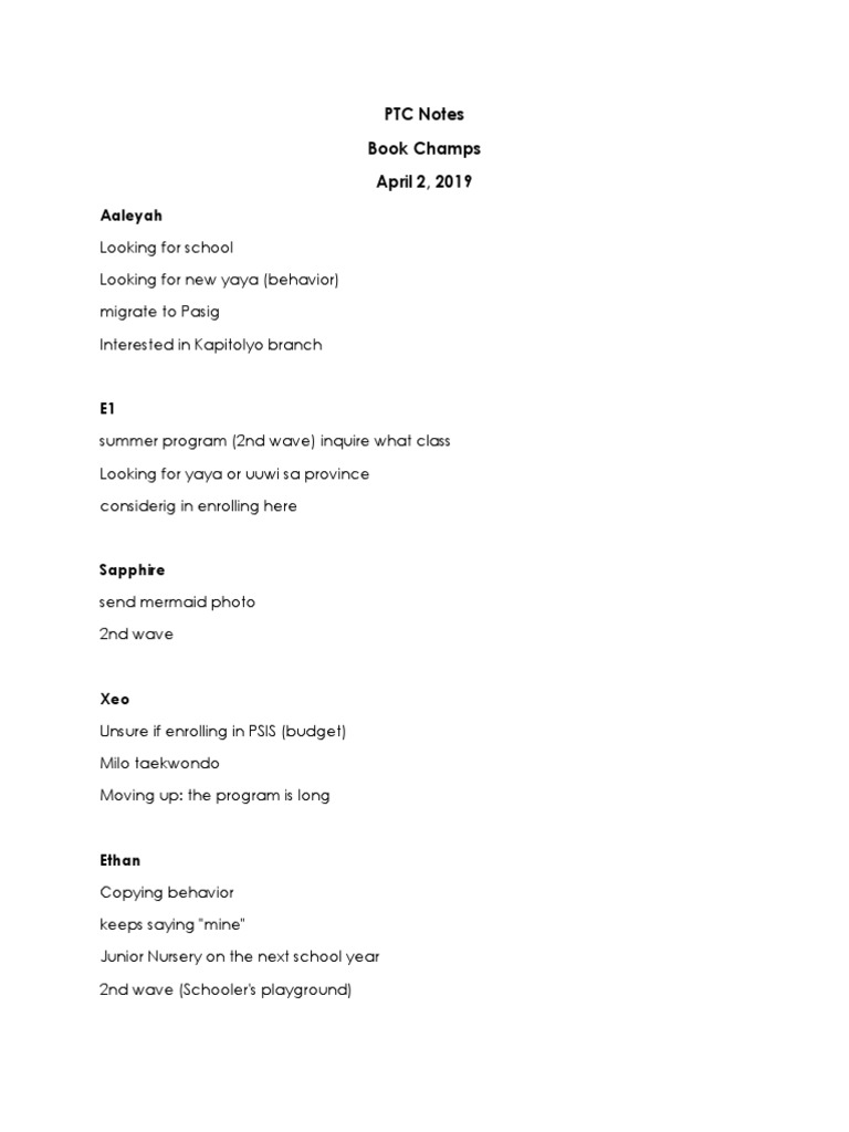 Aaleyah: PTC Notes Book Champs April 2, 2019 | PDF