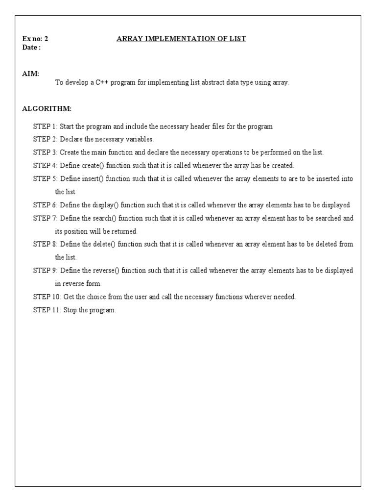 Ex No 2 Array Implementation Of List Date Pdf Array Data Structure 1485