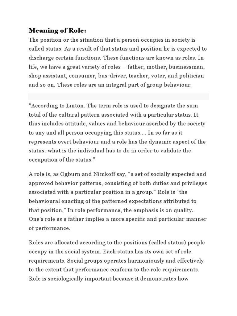Meaning of Role | PDF | Social Group | Sociology