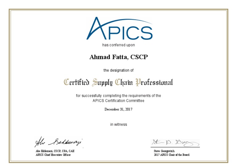 Apics CSCP Original Certificate Ahmad Fatta | PDF | Business