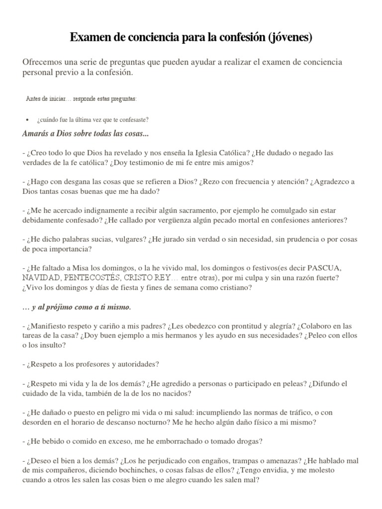 Examen de Conciencia para La Confesión | PDF | Fe | Pecado