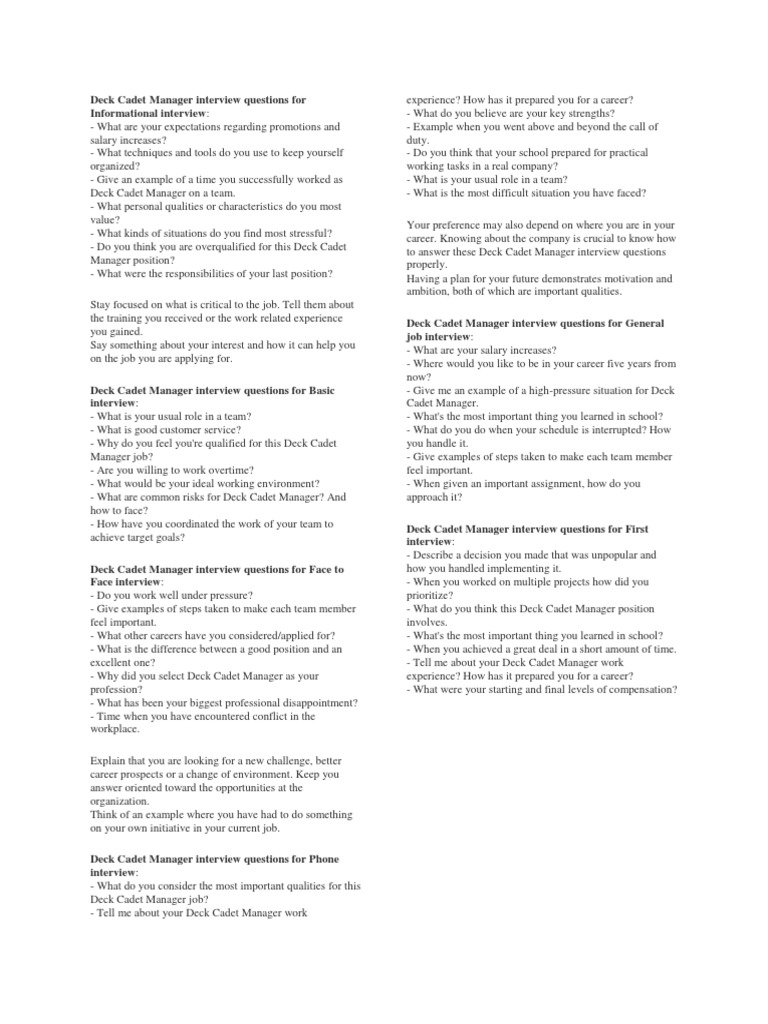 Deck Cadet Manager Interview Questions F | PDF | Job Interview | Action ...