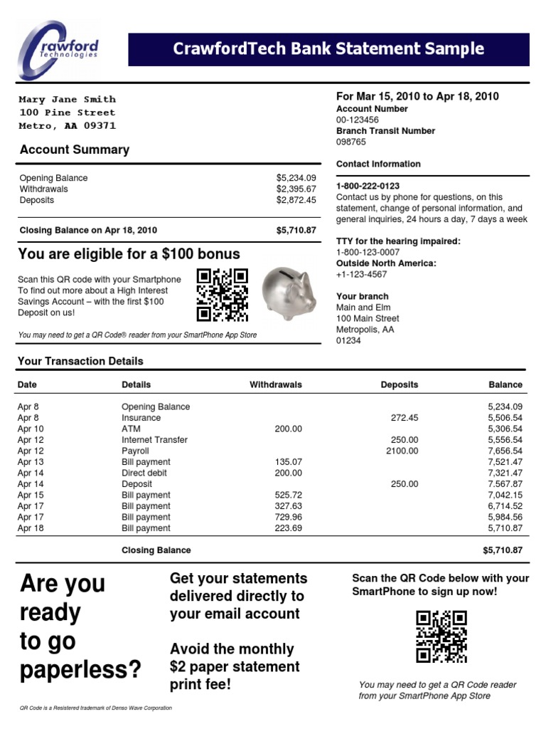 Personal Bank Statement Template PDF | PDF
