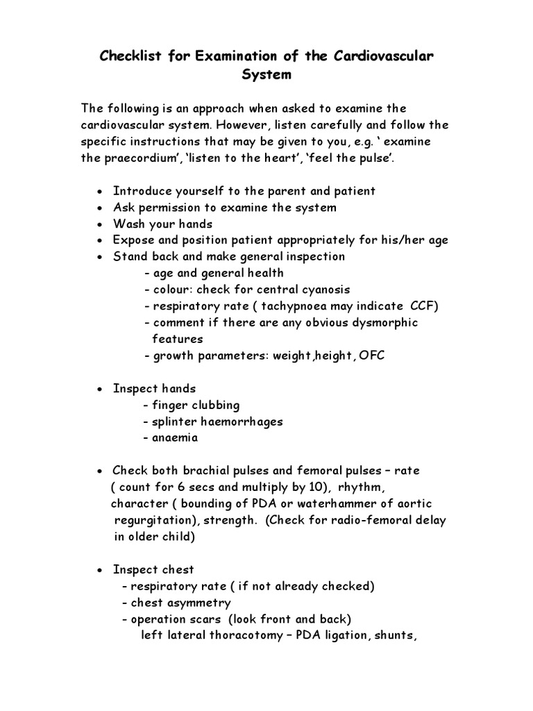 Checklist For Examination of The Cardiovascular System | PDF | Heart ...