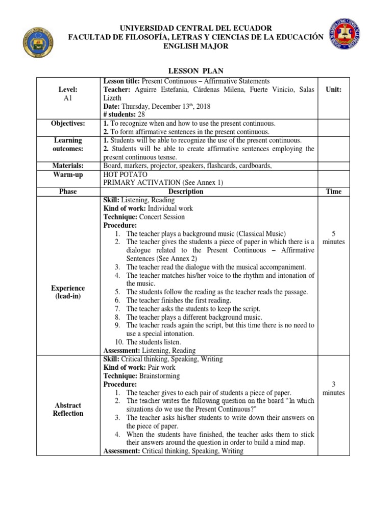 Present Continuous Lesson Plan A1 | PDF | Question | Critical Thinking