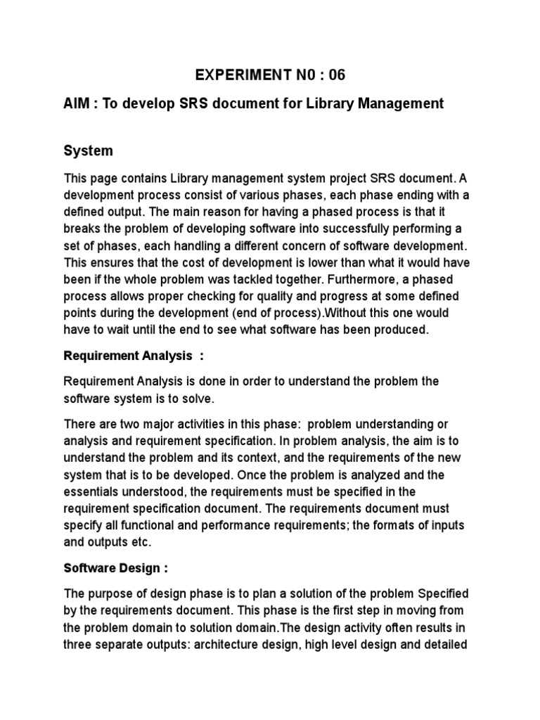 AIM: To Develop SRS Document For Library Management System: Experiment ...