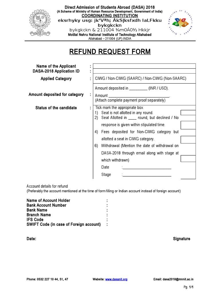 DASA-2018 Refund Request Form | PDF | Service Industries | Financial ...