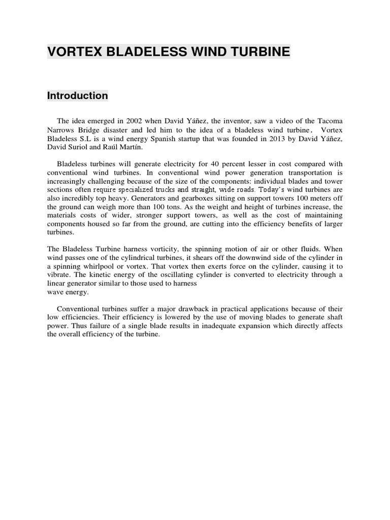 Vortex Bladeless Wind Turbine | PDF | Power Inverter | Wind Turbine