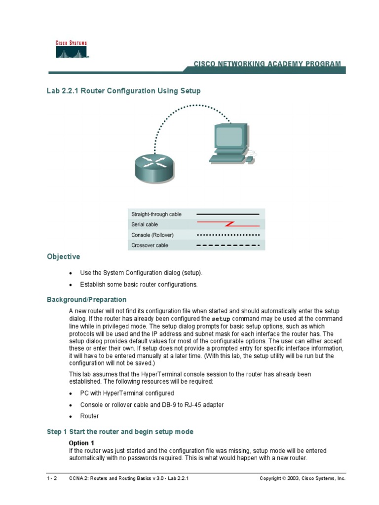 Lab 2.2.1 Router Configuration Using Setup: Background/Preparation | PDF | Router (Computing ...
